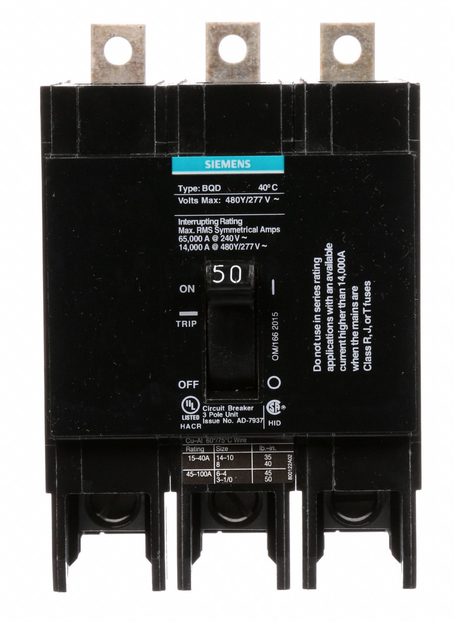 SIEMENS Miniature Circuit Breaker: 50 A Amps, 480V AC, Three Phase ...