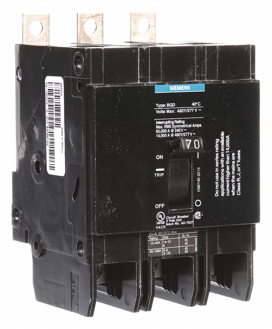 SIEMENS Miniature Circuit Breaker: 70 A Amps, 480V AC, Three Phase ...