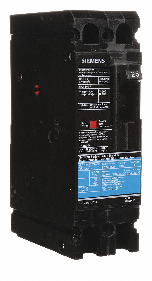 SIEMENS, 25 A Amps, 10kA at 240V AC, Molded Case Circuit Breaker - 6FMZ1|ED22B025 - Grainger