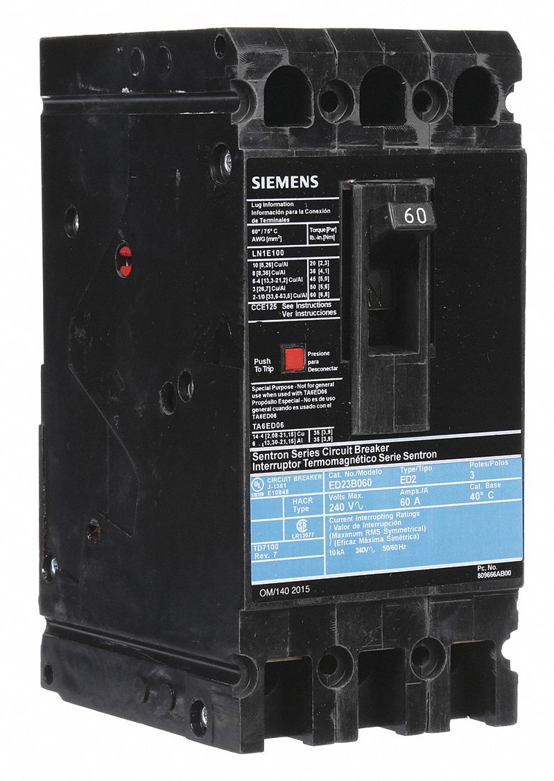 SIEMENS Molded Case Circuit Breaker: 60 A Amps, 10kA at 240V AC, Fixed, Load Side Lug, ABC ...