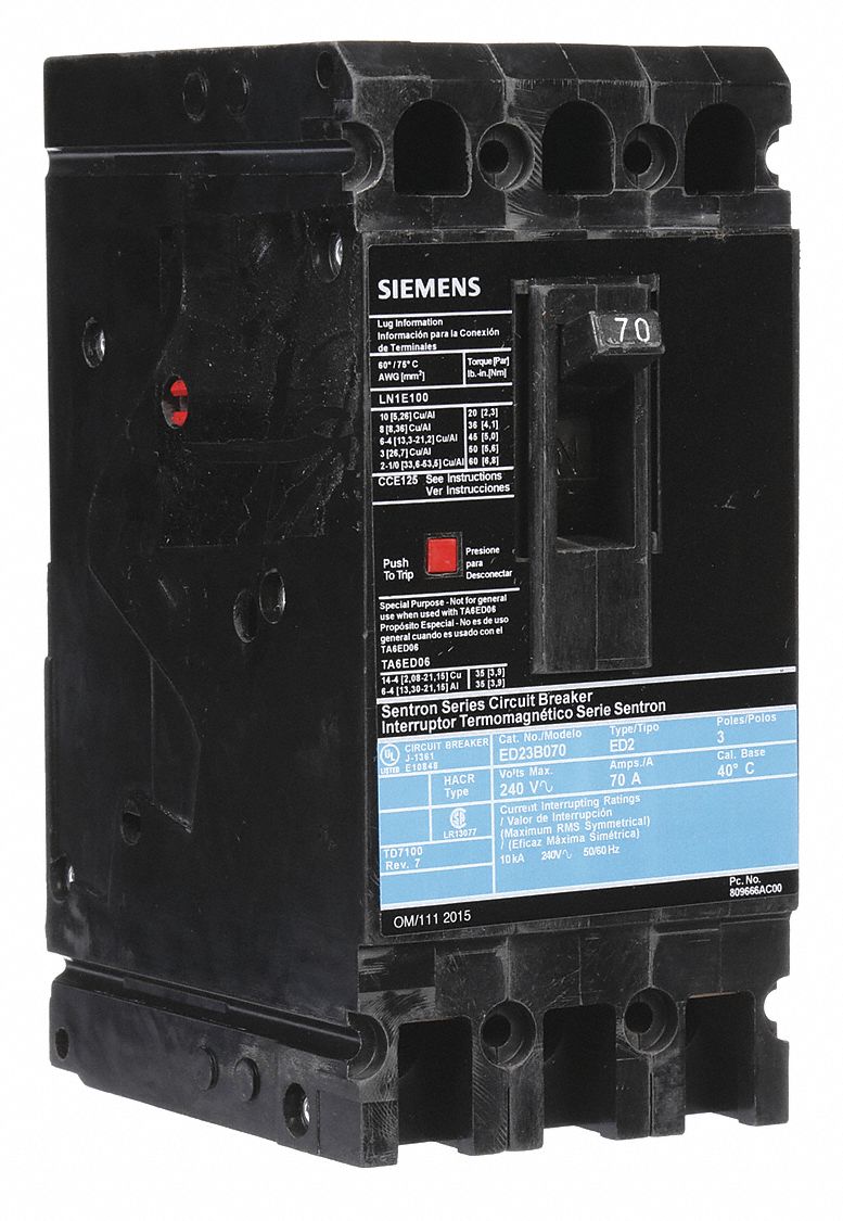 SIEMENS, 70 A Amps, 10kA at 240V AC, Molded Case Circuit Breaker - 6FNA8|ED23B070 - Grainger