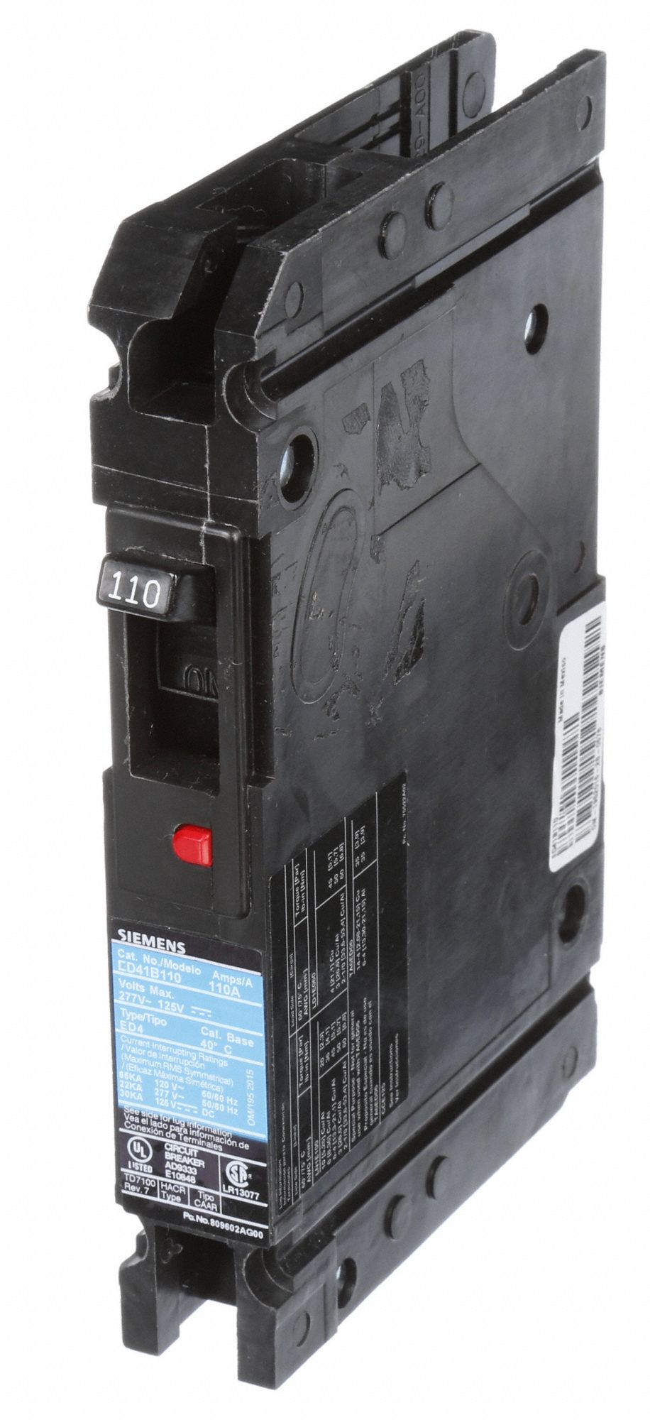 SIEMENS Molded Case Circuit Breaker: 110 A Amps, 22kA at 277V AC, Fixed, Load Side Lug, ABC ...