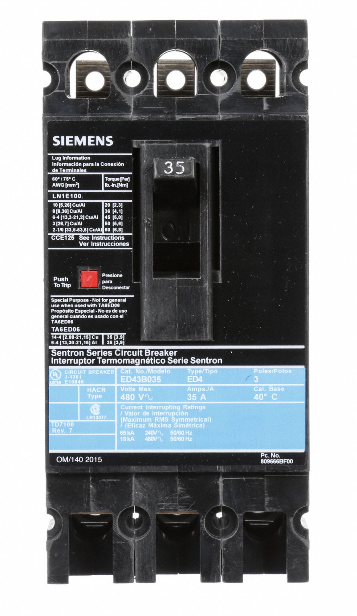 SIEMENS Molded Case Circuit Breaker: 35 A Amps, 18kA at 480V AC, Fixed ...
