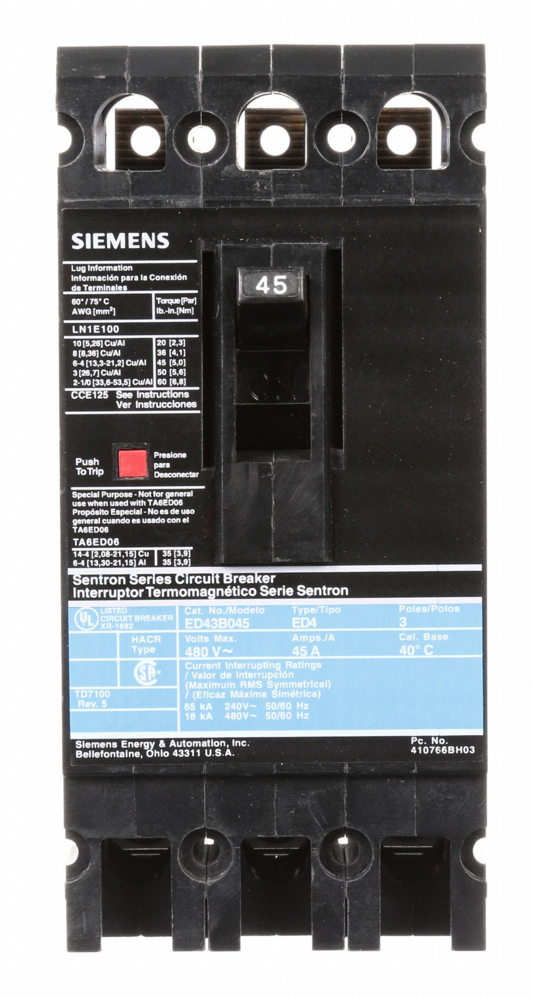 SIEMENS Molded Case Circuit Breaker: 45 A Amps, 18kA at 480V AC, Fixed ...