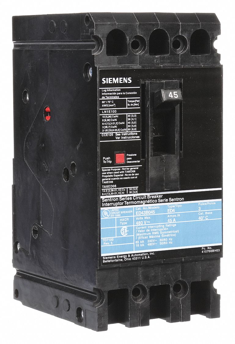 SIEMENS, 45 A Amps, 18kA at 480V AC, Molded Case Circuit Breaker - 6FND1|ED43B045 - Grainger