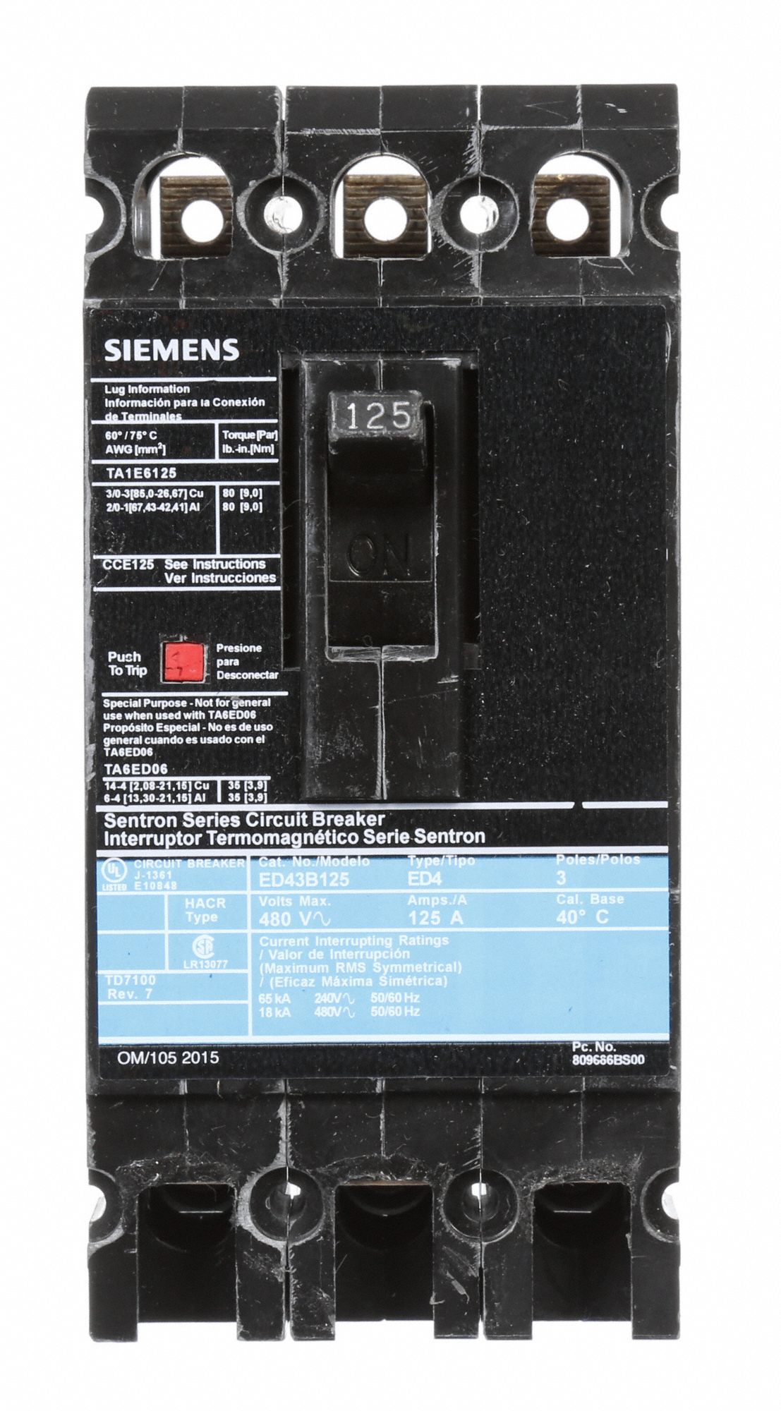SIEMENS Molded Case Circuit Breaker: 125 A Amps, 18kA at 480V AC, Fixed ...