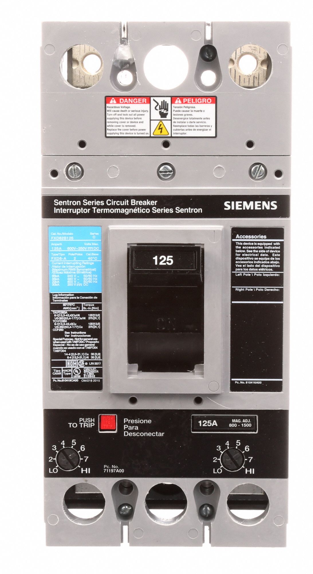 SIEMENS Molded Case Circuit Breaker: 125 A Amps, 22kA at 600V AC, Fixed, Lug, ABC, Std - 6FNE1 ...