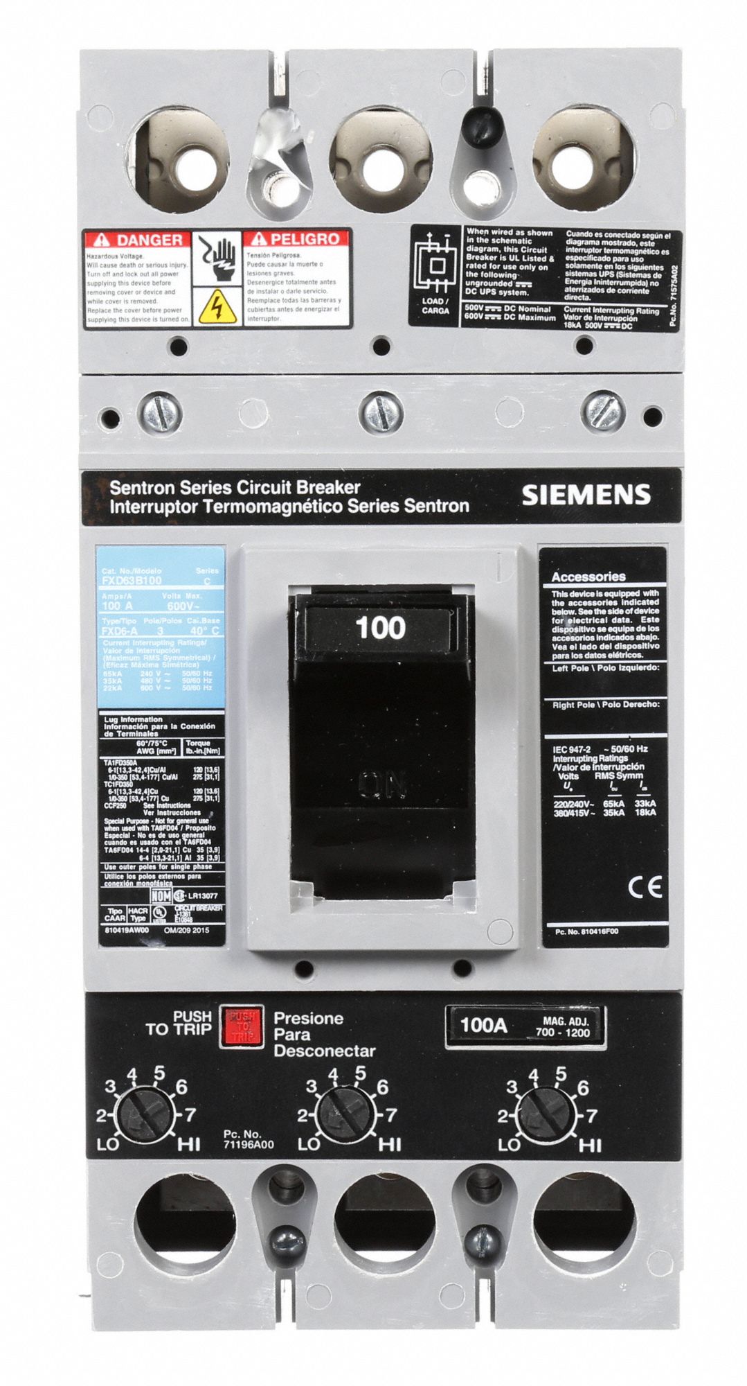 SIEMENS Molded Case Circuit Breaker: 100 A Amps, 22kA at 600V AC, Fixed, Lug, ABC - 6FNE5 ...