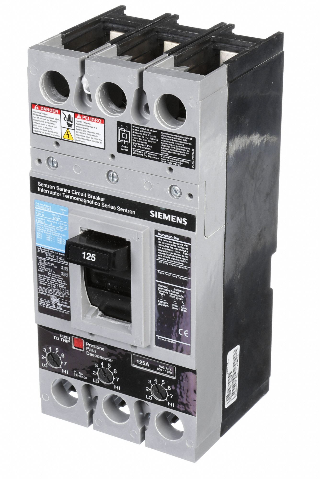 SIEMENS Molded Case Circuit Breaker: 125 A Amps, 22kA at 600V AC, Fixed, Lug, ABC - 6FNE6 ...