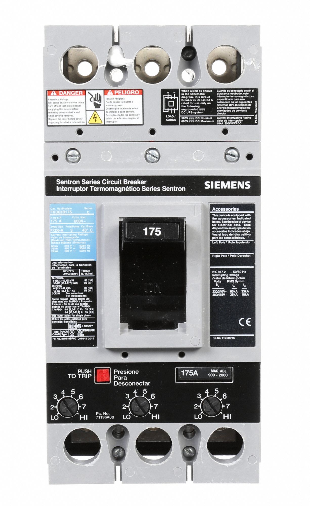 SIEMENS Molded Case Circuit Breaker: 175 A Amps, 22kA at 600V AC, Fixed ...
