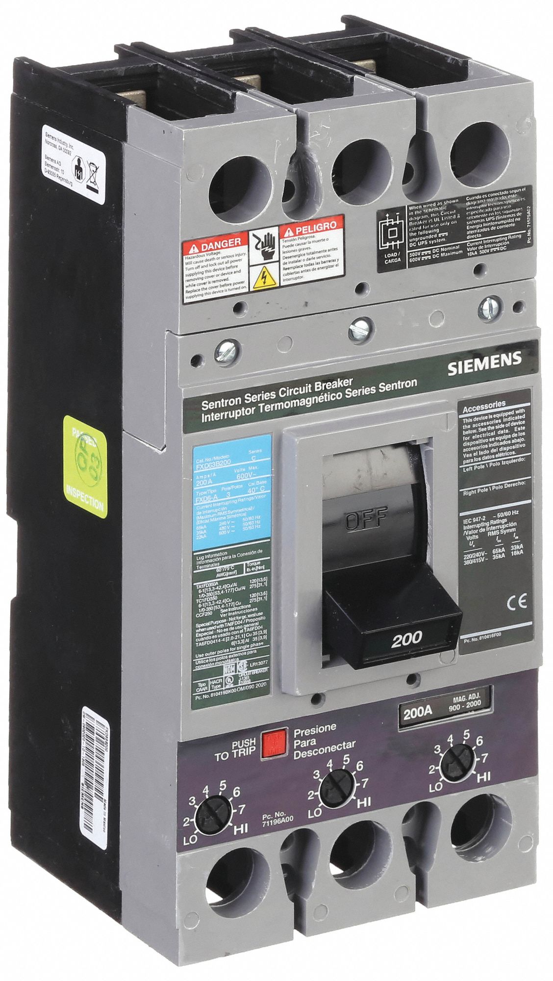 SIEMENS, 200 A Amps, 22kA at 600V AC, Molded Case Circuit Breaker - 6FNE9|FXD63B200 - Grainger