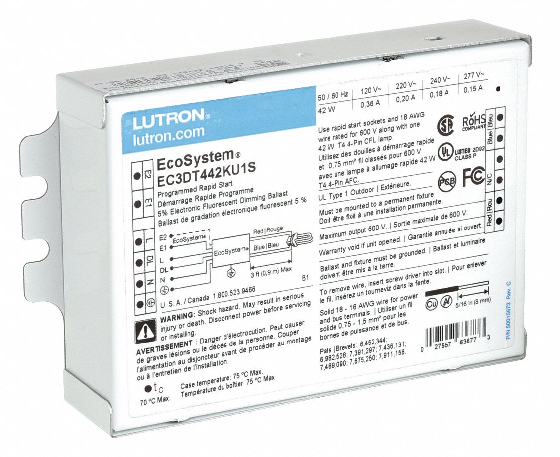 LUTRON, 120 to 277V AC, 42 W Bulb Watt, Fluorescent Dimming Ballast ...