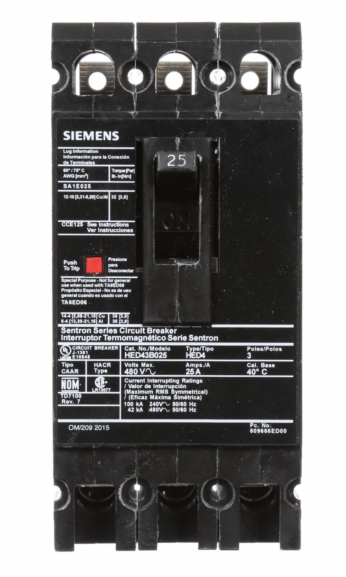 SIEMENS Molded Case Circuit Breaker: 25 A Amps, 42kA at 480V AC, Fixed, Load Side Lug, ABC ...