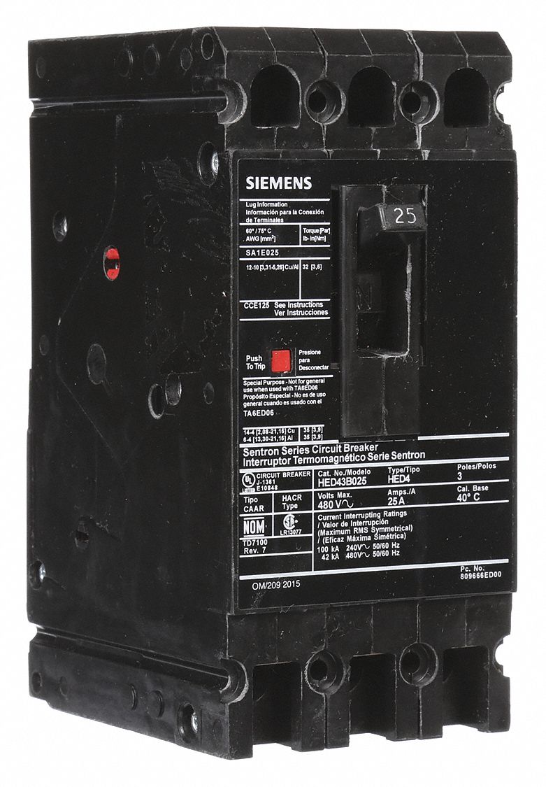 SIEMENS, 25 A Amps, 42kA at 480V AC, Molded Case Circuit Breaker - 6GNC2|HED43B025 - Grainger