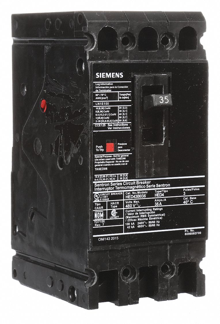 SIEMENS, 35 A Amps, 42kA at 480V AC, Molded Case Circuit Breaker - 6GNC3|HED43B035 - Grainger