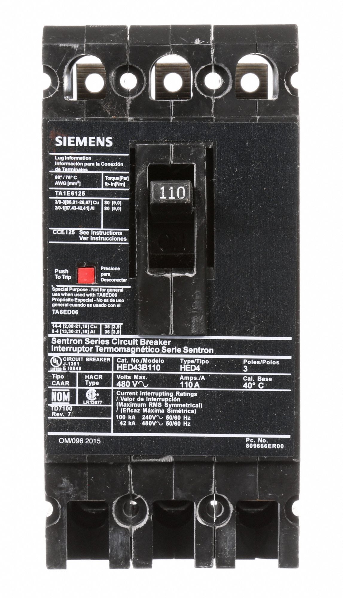SIEMENS Molded Case Circuit Breaker: 110 A Amps, 42kA at 480V AC, Fixed, Load Side Lug, ABC ...