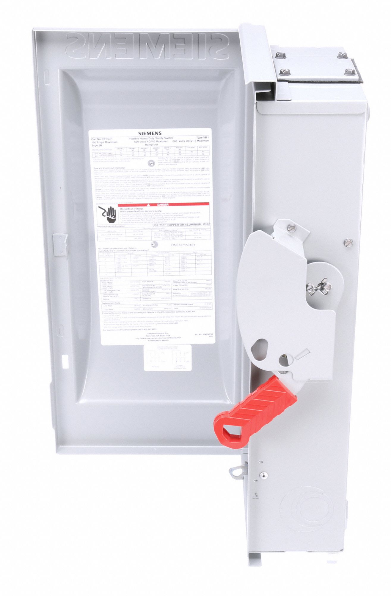 SIEMENS Safety Switch: 100 A Amps AC, 75 HP @ 600V AC, 3R, 3 Poles, 3 ...