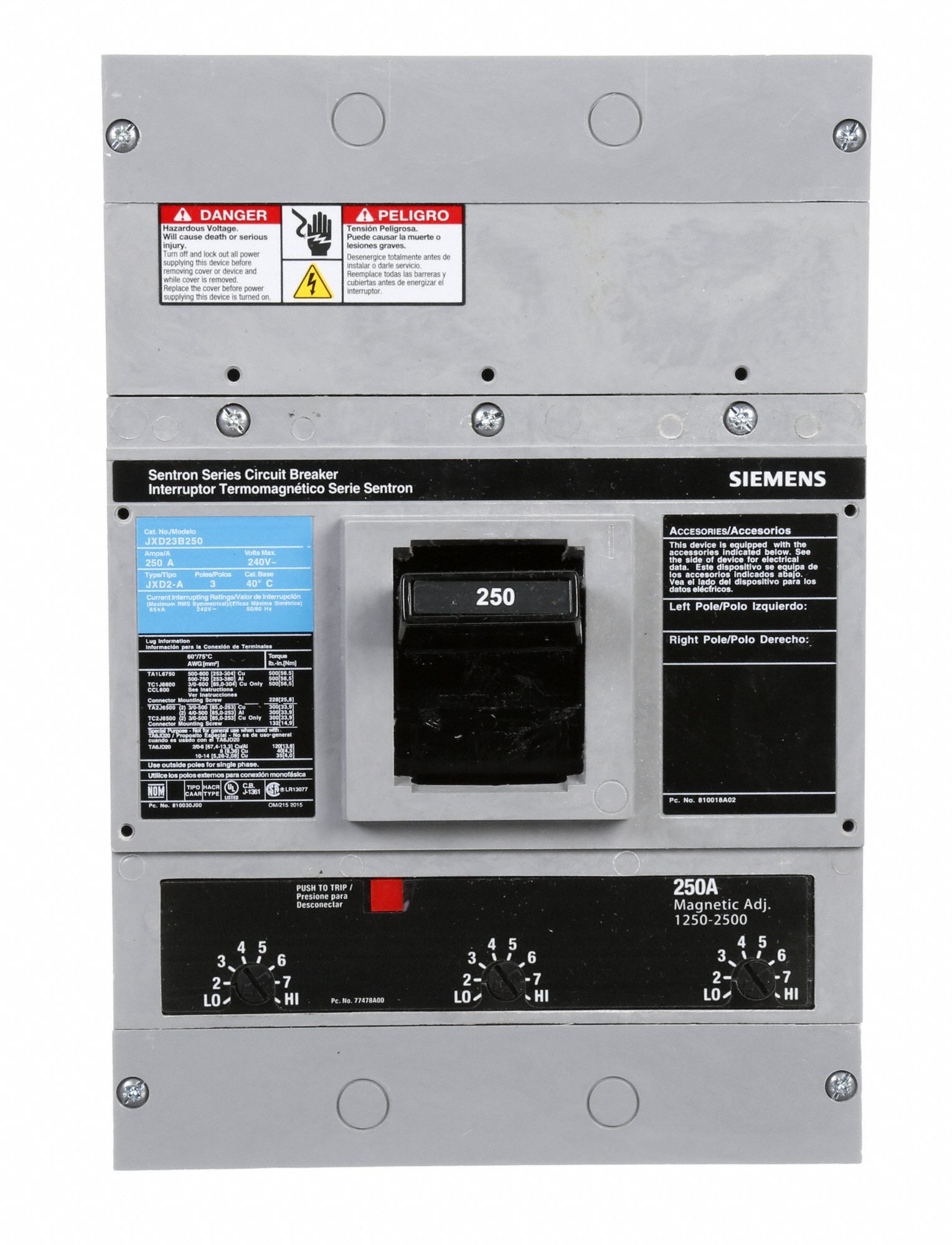 SIEMENS Molded Case Circuit Breaker: 250 A Amps, 65kA at 240V AC, Fixed, Lug, ABC - 6GNG6 ...