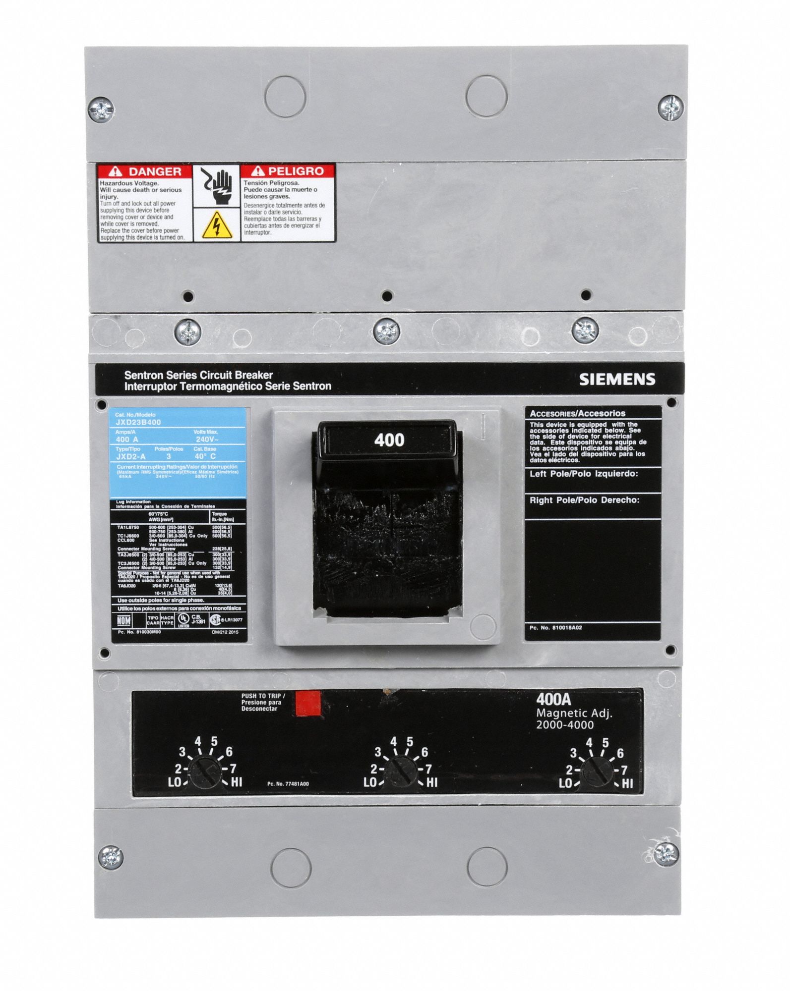 SIEMENS Molded Case Circuit Breaker: 400 A Amps, 65kA at 240V AC, Fixed ...