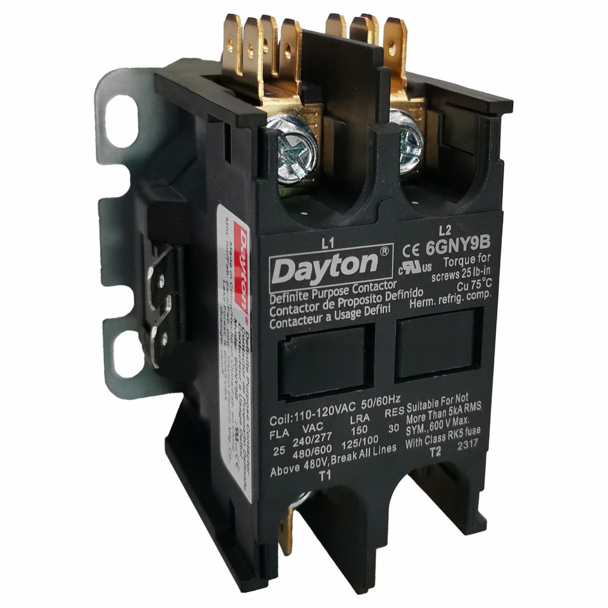 DAYTON, 2 Poles, 120V AC, Definite Purpose Magnetic Contactor - 6GNY9 ...