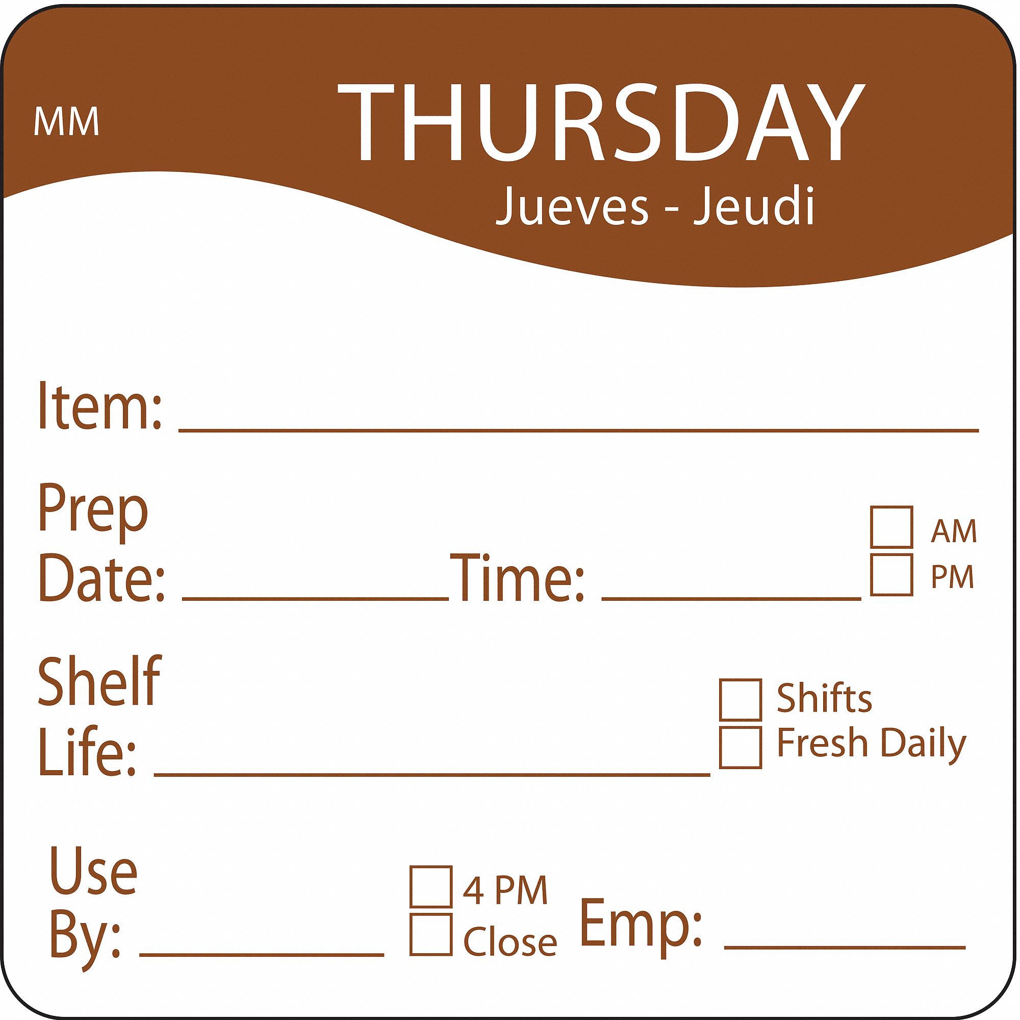 DAYMARK, Brown, Thursday, Day of the Week Label - 6GUR4|1122124 - Grainger