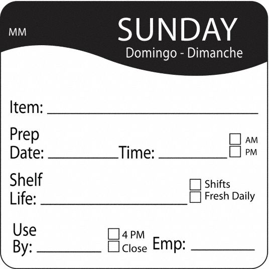 DAYMARK, Black, Sunday, Day of the Week Label - 6GUR7|1122127 - Grainger