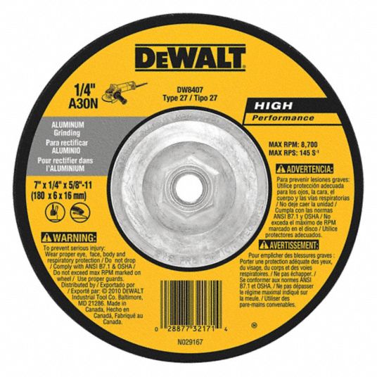 DEWALT, Type 27, 7" x 1/4" x 5/8"-11, Depressed Center Grinding Wheel ...