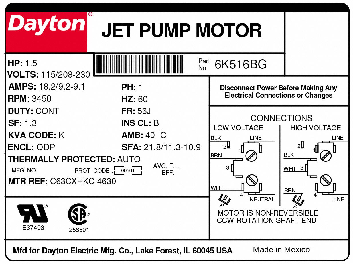 DAYTON Jet Pump Motor: Open Dripproof, Face/Base Mounting, 1 1/2 HP ...