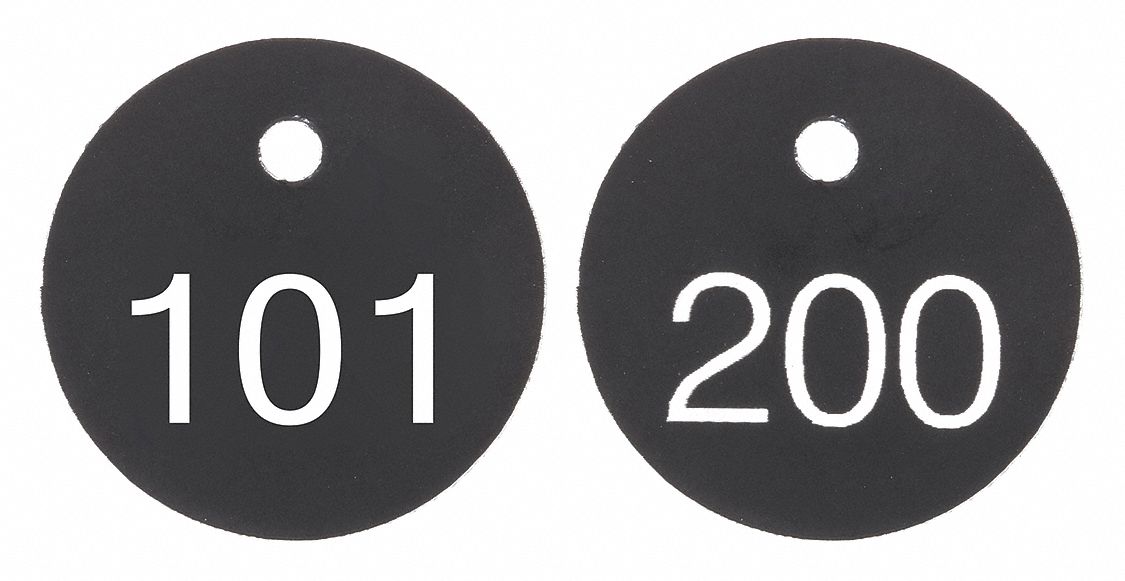 Plastic, 1 1/8 in Dia, Engraved Numbered Tags - 6KXP1|TDG301BK - Grainger