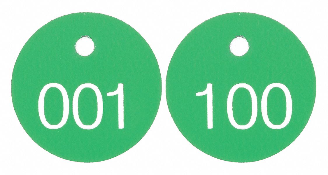 Plastic, 1 1/8 in Dia, Engraved Numbered Tags - 6KXP3|TDG300GN - Grainger