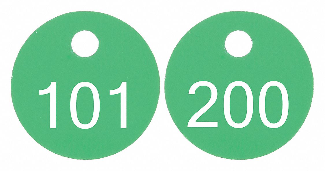 Plastic, 1 1/8 in Dia, Engraved Numbered Tags - 6KXP4|TDG301GN - Grainger