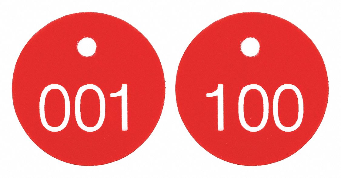 Plastic, 1 1/8 in Dia, Engraved Numbered Tags - 6KXP6|TDG300RD - Grainger