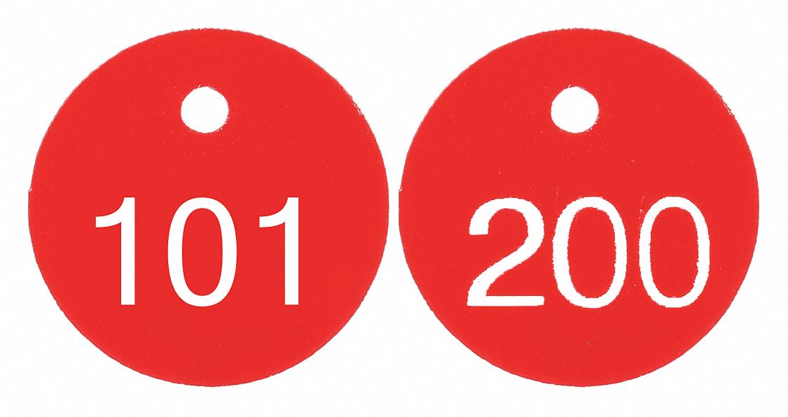 Plastic, 1 1/8 in Dia, Engraved Numbered Tags - 6KXP7|TDG301RD - Grainger