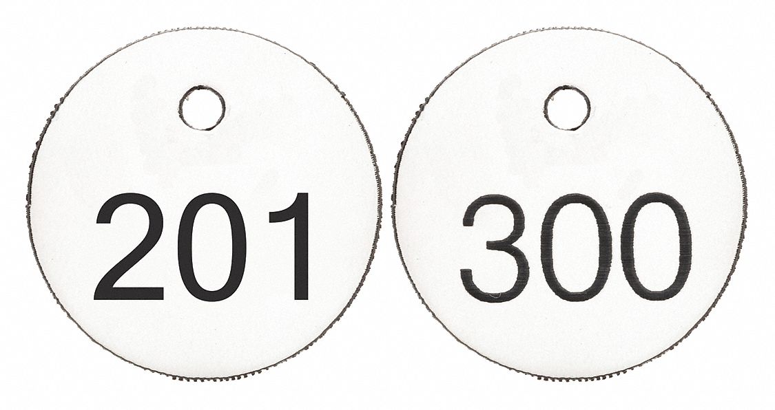 Plastic, 1 1/8 in Dia, Engraved Numbered Tags - 6KXR1|TDG302WT - Grainger