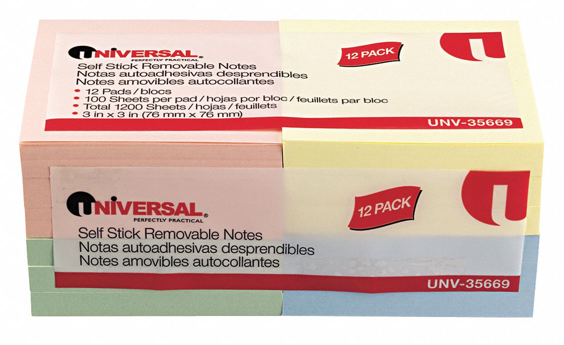 Self-Stick Notes, 3 in x 3 in, PK 12 - Grainger