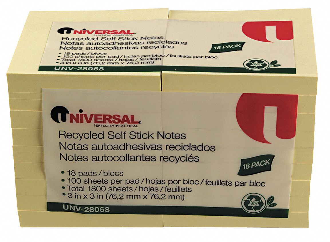 UNIVERSAL ONE, Yellow, Std, Sticky Notes - 6PDU3|UNV28068 - Grainger