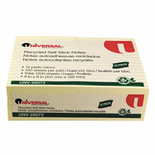 UNIVERSAL ONE, Yellow, Std, Sticky Notes - 6PDU4|UNV28073 - Grainger