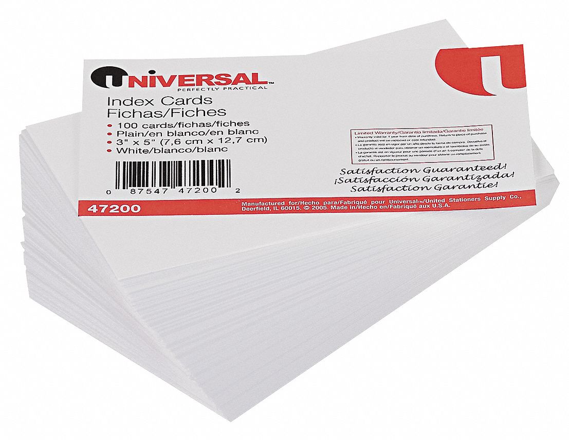 Index Cards, Card Size 3" x 5", Color White, Unruled, PK 100 - Grainger
