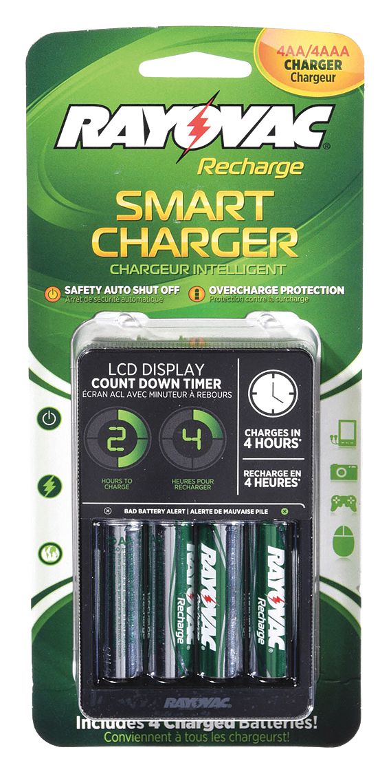 Battery Charger, Includes (4) AA Batteries, Backup Safety Timer, Smart ...