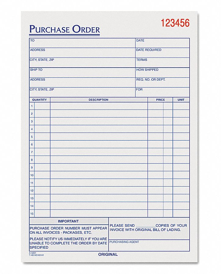 TOPS Purchase Order Book, 5-9/16 x 7-15/16 - 6RNH4|TOP46141 - Grainger