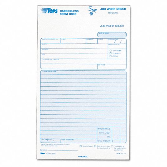 TOPS, 5 1/2 in Wd, 8 1/2 in Lg, Job Work Order Forms - 6RNL5|TOP3868 ...