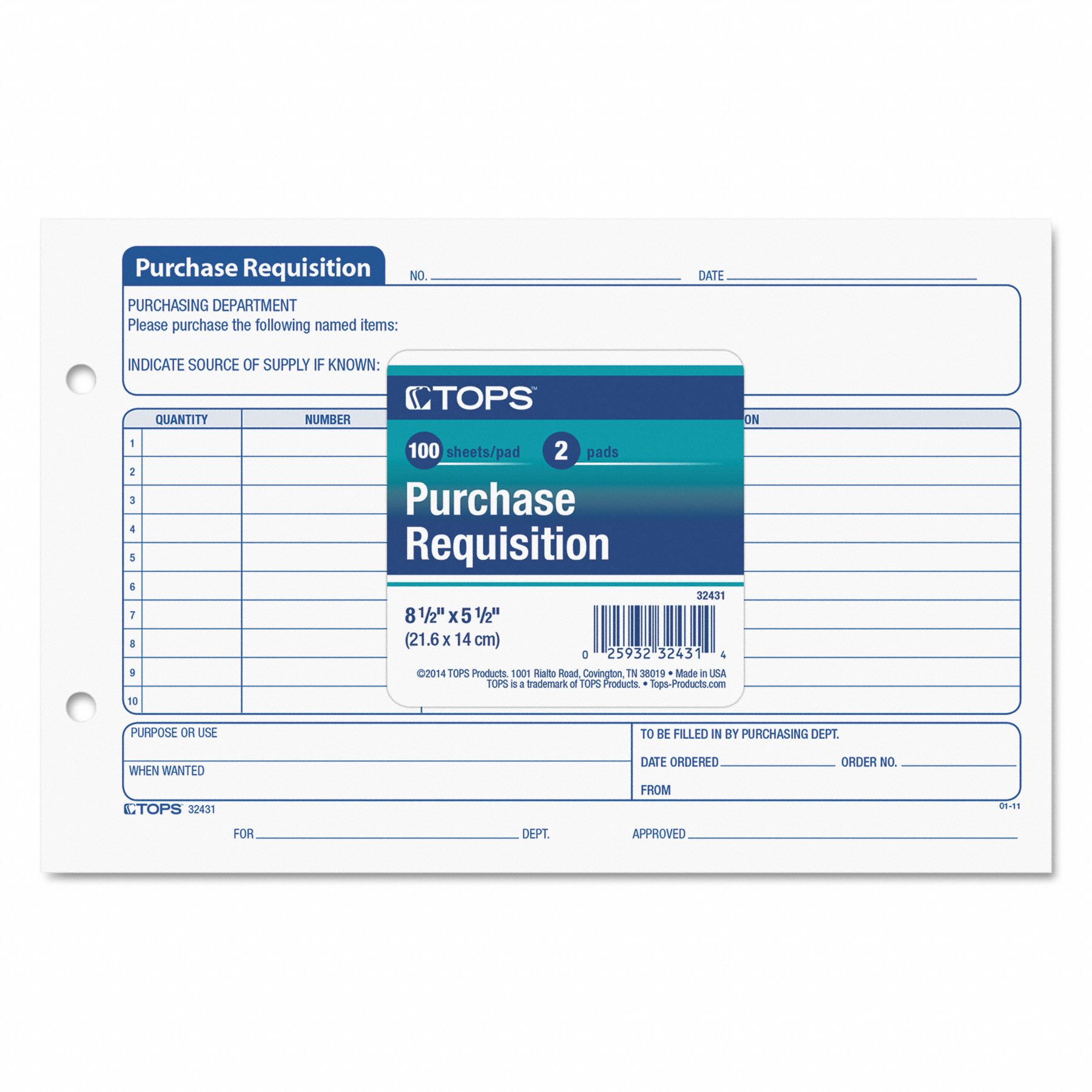 TOPS Purchase Requisition Pad: 8 1/2 in Lg, 5 1/2 in Wd, 100 Sheets, 2 ...