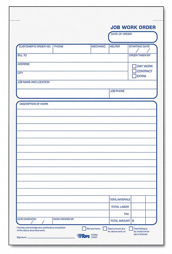 TOPS Job Work Order Pad,5-1/2 x 8-1/2,2-Part - 6RNL8|TOP3467 - Grainger