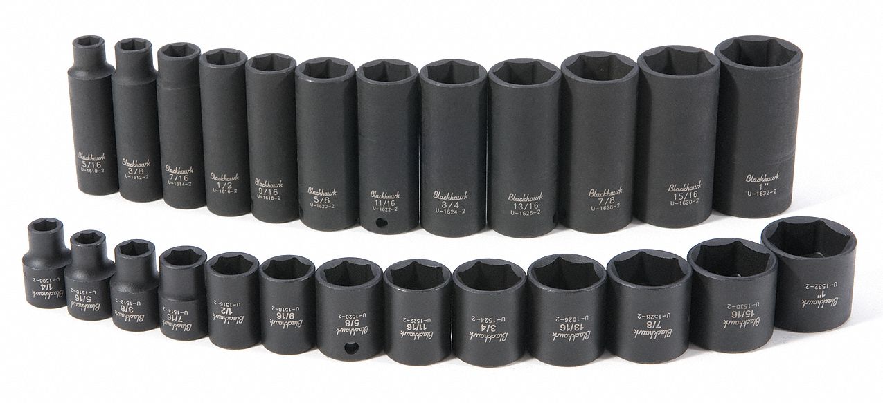 Impact Socket Set, Black Oxide, 3/8 in, Impact Rated No - Grainger