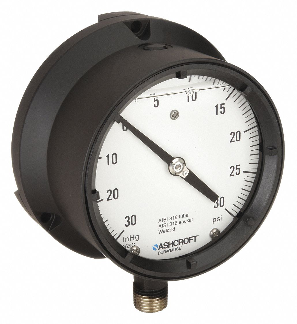 ASHCROFT COMPOUND GAUGE,30 HG TO 30 PSI,4-1/2IN - 5735 - WWG6WZV5 | 451379SSL04LVAC/30 ...