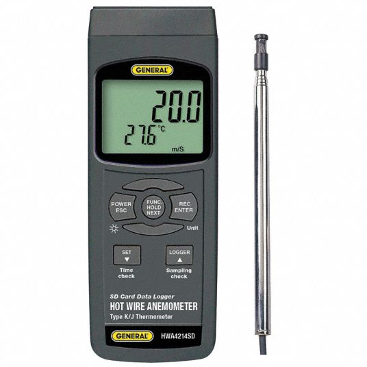 Anemometer, Hot Wire, Yes, Yes, 40 to 3940 Velocity (FPM), 0.2 to 25 ...