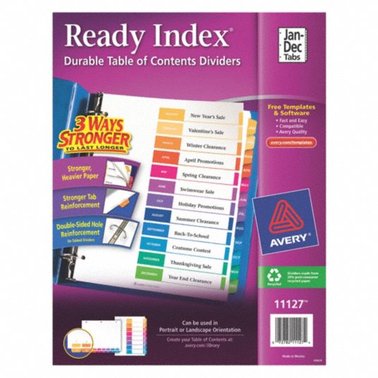 AVERY, Jan to Dec Tabs, 12 Tabs, Index Tabs - 6XVU9|7278211127 - Grainger