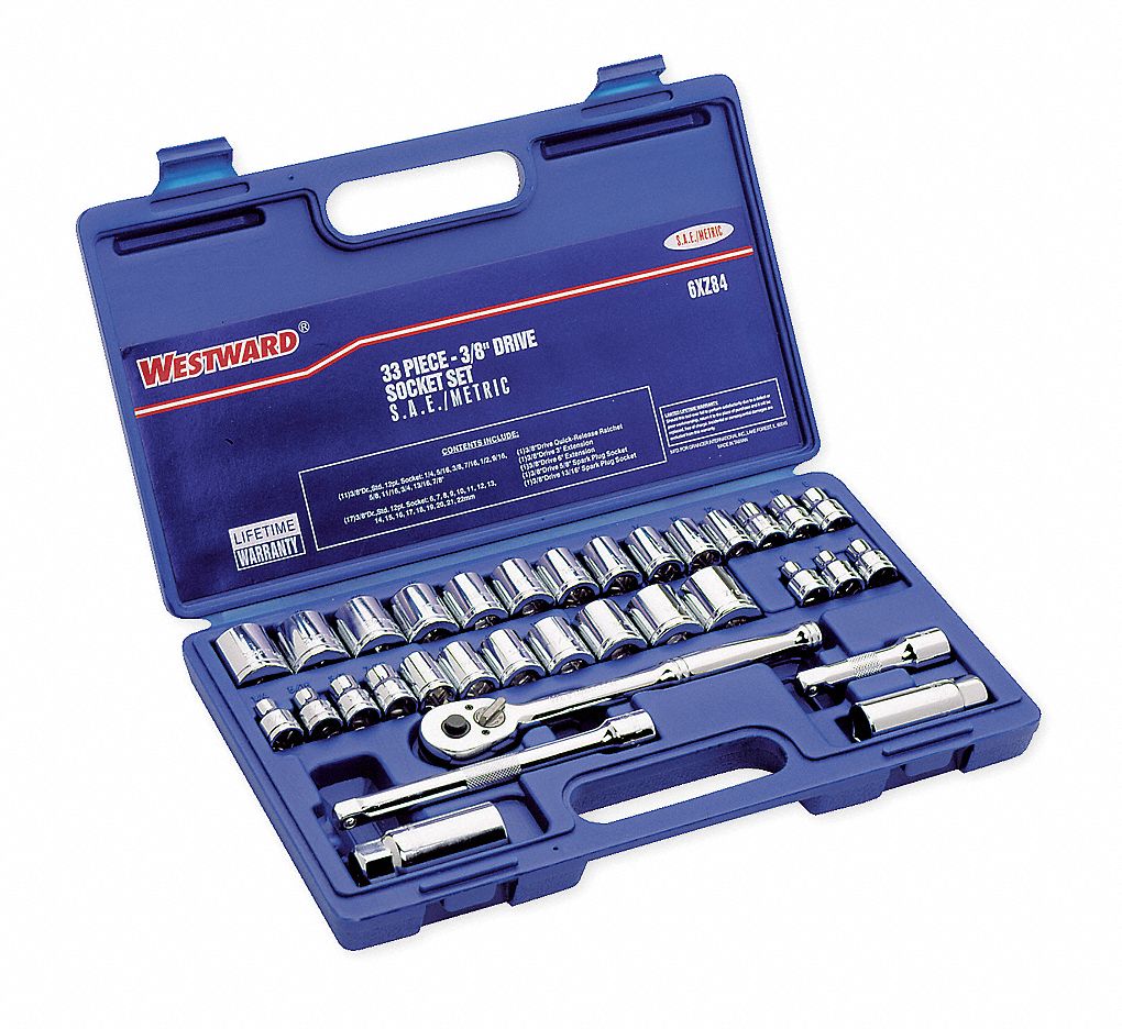 WESTWARD Socket Wrench Set: 3/8 in Drive Size, 33 Pieces, (28) 12-Point ...