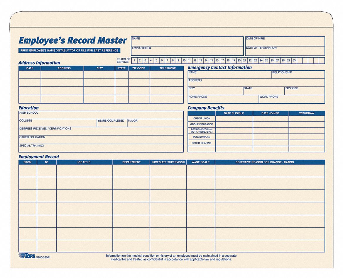 TOPS, 11 3/4 in Wd, 11 3/4 in Lg, Employee Record File Jacket - 6YTT8 ...