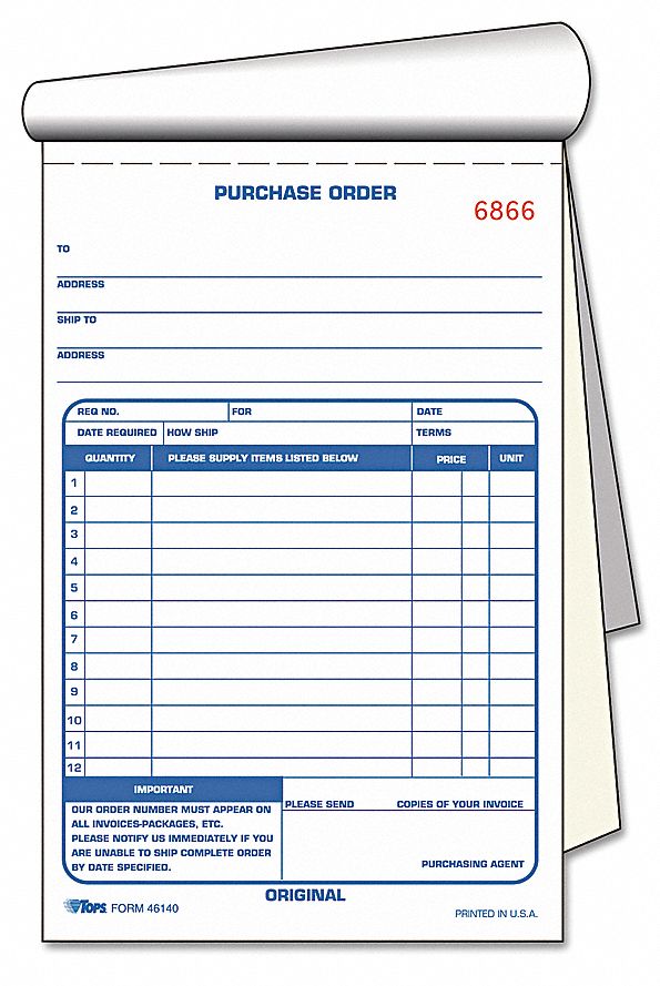 TOPS, 5 5/8 in Wd, 7 7/8 in Lg, Purchase Order Book - 6YTV0|TOP46140 ...